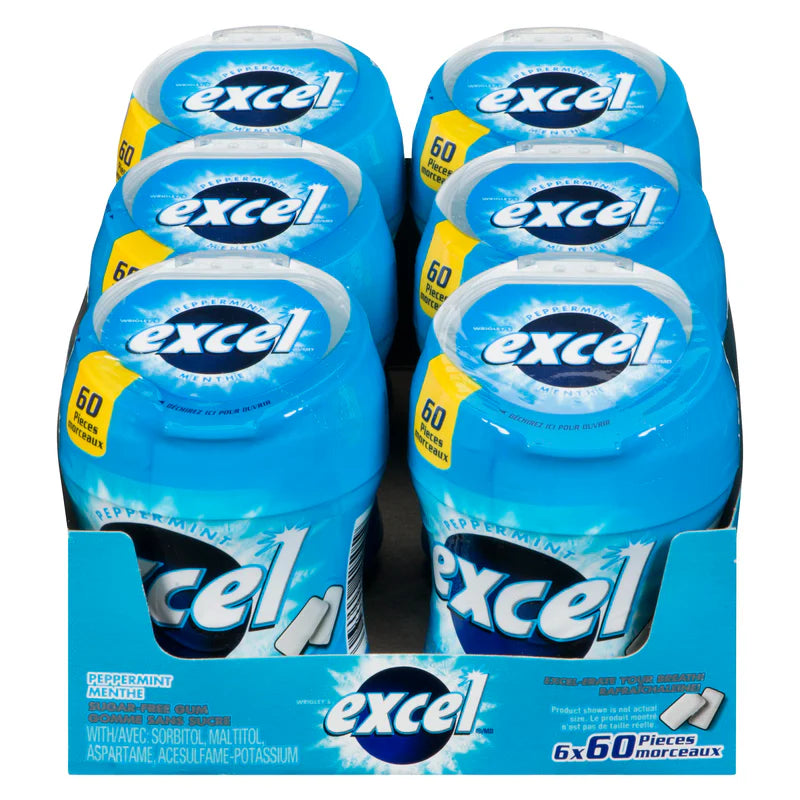 Excel Peppermint Sugar Free Chewing Gum Bottle 60 Pcs 6 Packs, Bulk Mart